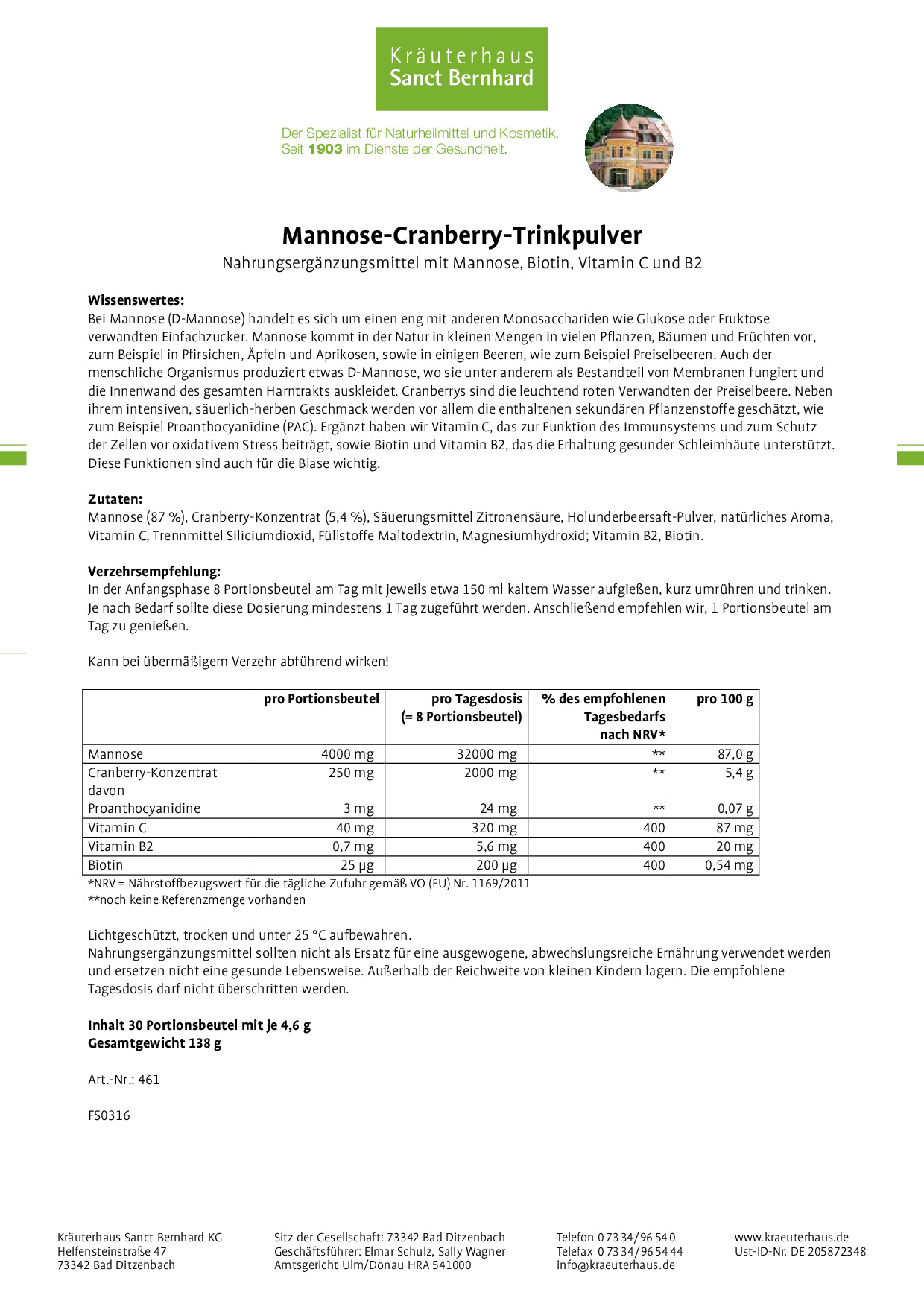 Mannose-Cranberry-Trinkpulver jetzt online kaufen | Sanct Bernhard