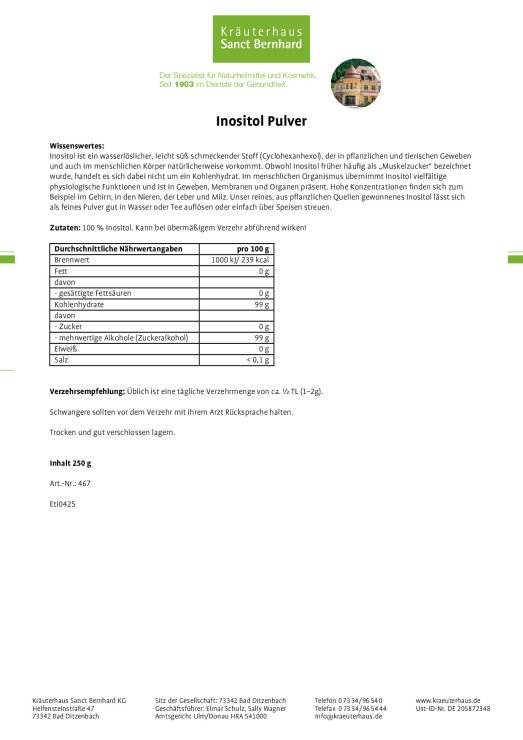 Inositol Pulver jetzt online kaufen | Kräuterhaus Sanct Bernhard